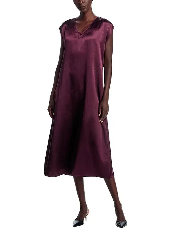 Eileen Fisher Satin V-neck Midi Dress - Wine