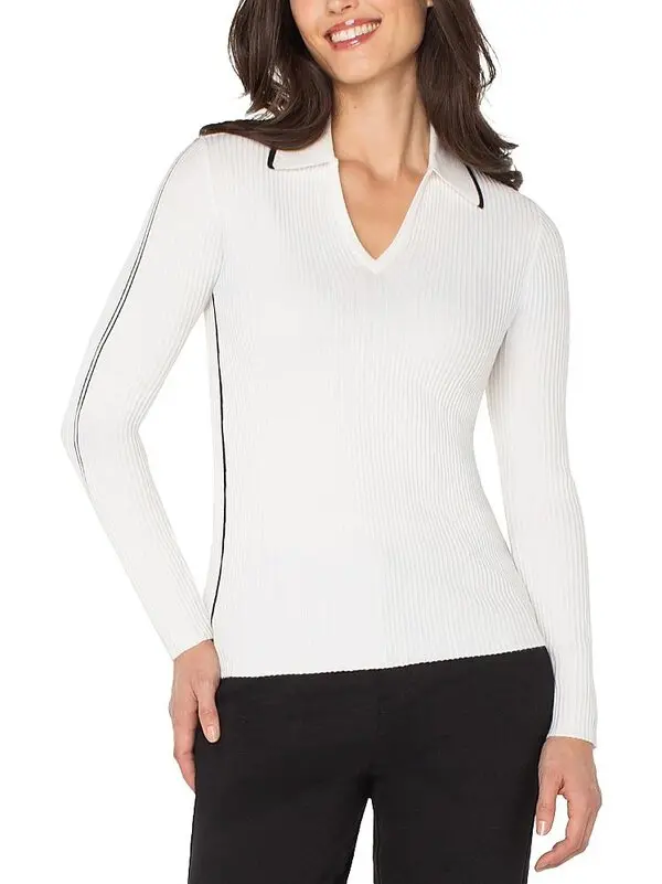 LIVERPOOL V-neck Collared Striped Sweater - White/ Black Stripe