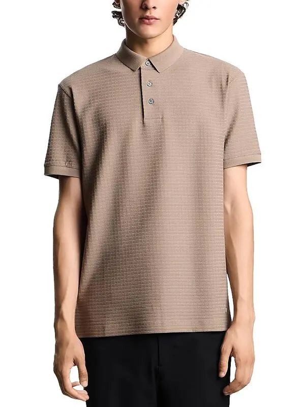 Emporio Armani Textured Allover Geometric Square Jacquard Motif Polo Shirt - Fancy Brown