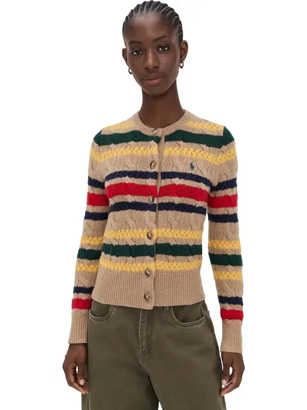 Ralph Lauren Stripe Cable Cardigan - Collection Camel Melange Multi