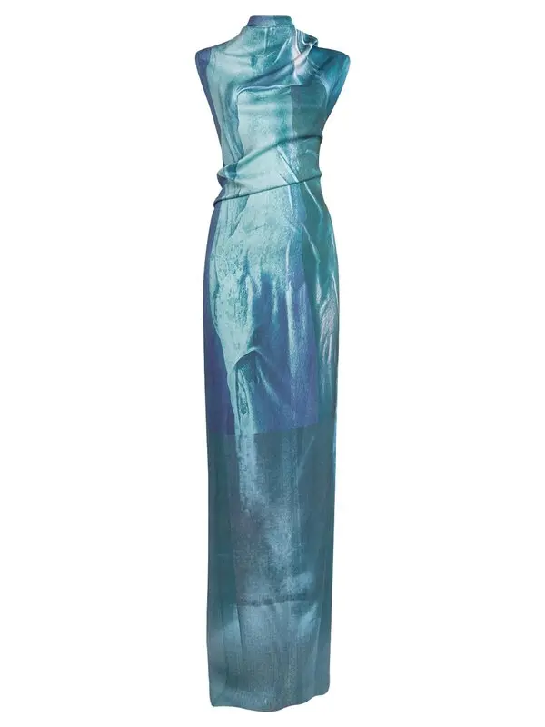 Jean Paul Gaultier Draped Water Print Maxi Dress - Blue