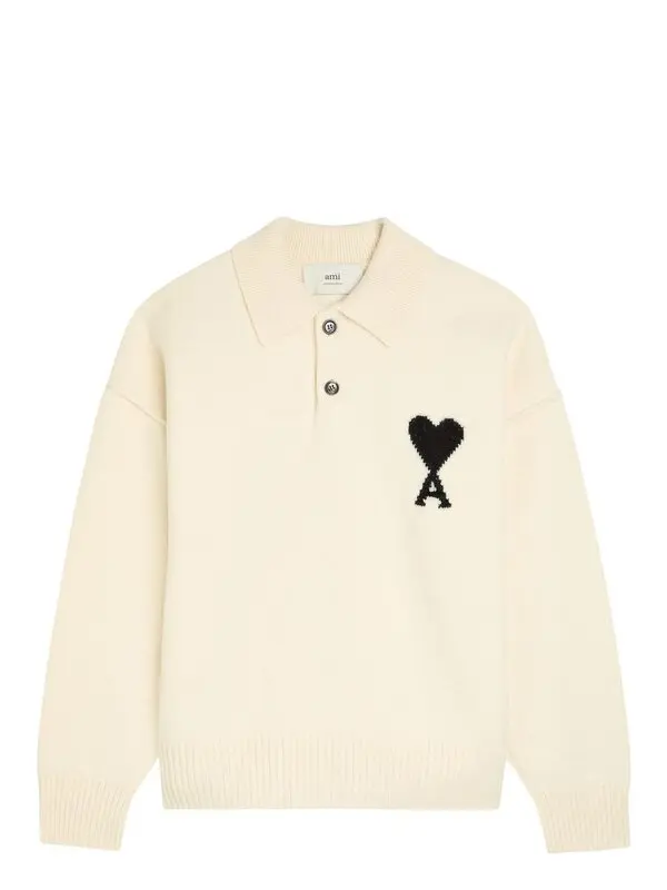 Ami Logo-intarsia Wool Polo Jumper - Off White