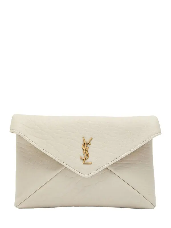 Saint Laurent Cassandre Pebbled Leather Clutch - White
