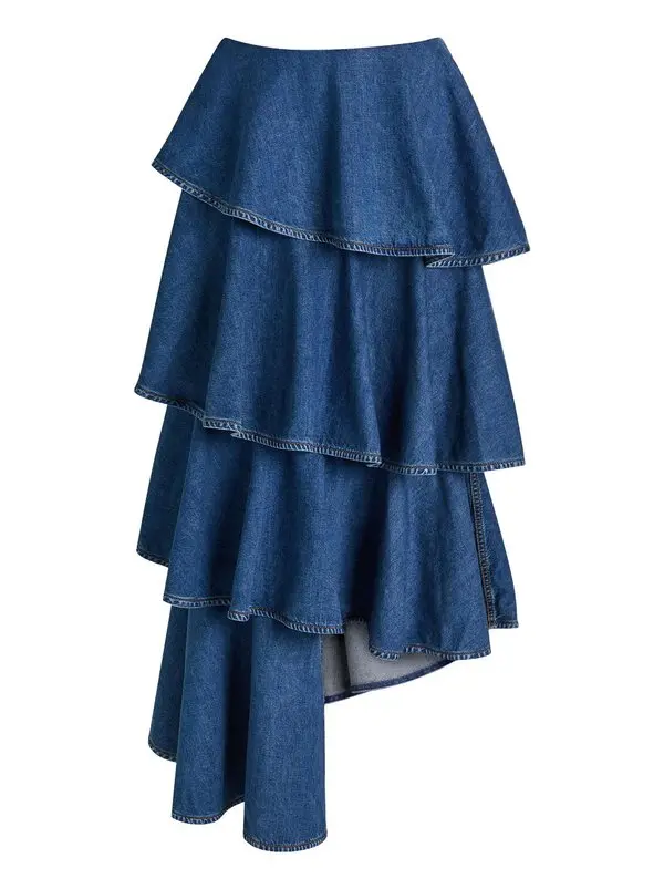 Alaïa Spiral Asymmetric Tiered Denim Midi Skirt - Blue