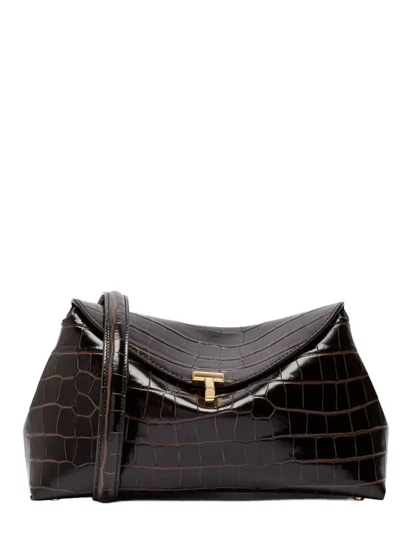 TOTEME T-lock Crocodile-effect Leather Clutch - Dark Brown