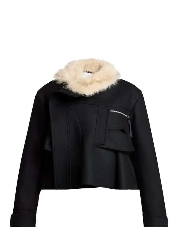 Sacai Wool Utility Jacket With Faux-fur Collar - Black
