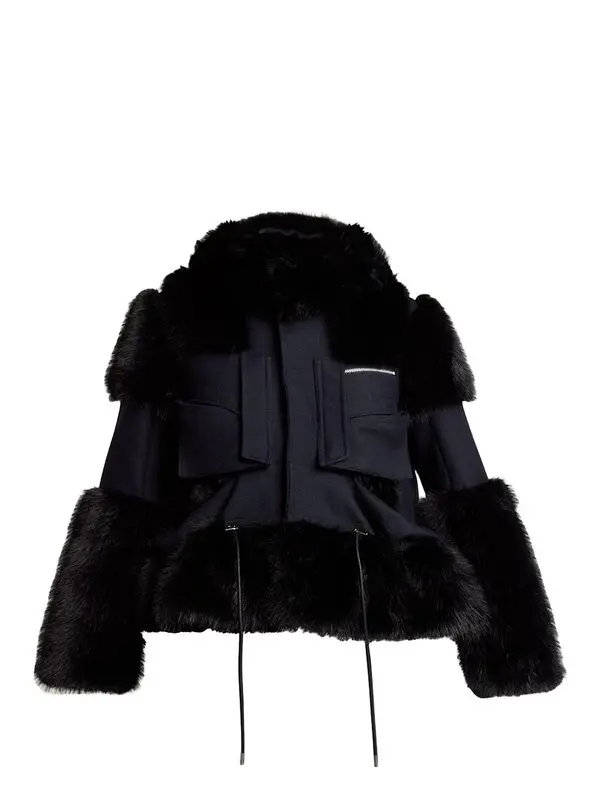 Sacai Faux-fur Trim Wool Utility Jacket - Navy X Black