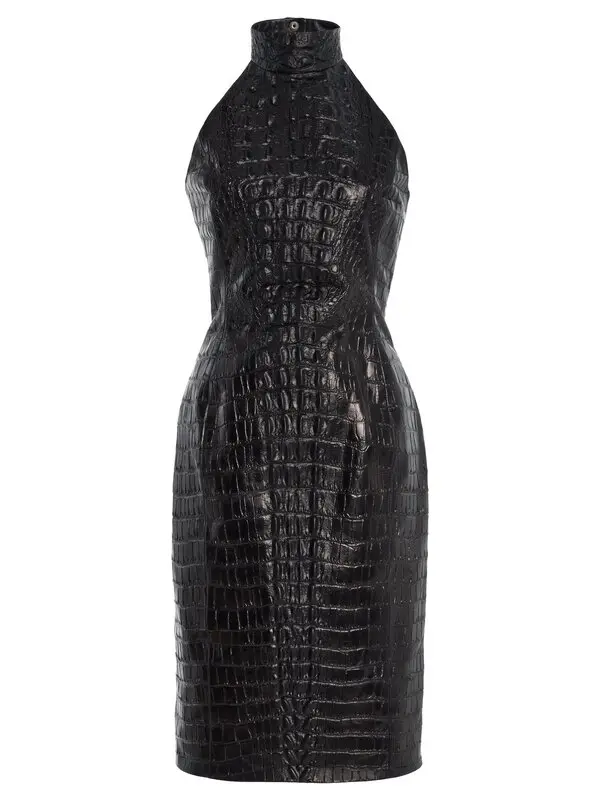 Balmain Croc-embossed Halter Midi Dress - Black