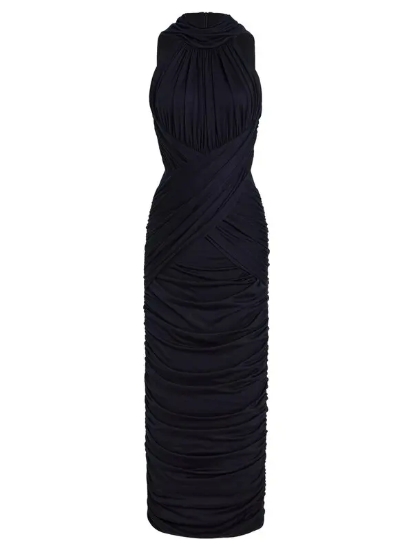 Balmain Draped Wool-jersey Midi Dress - Black