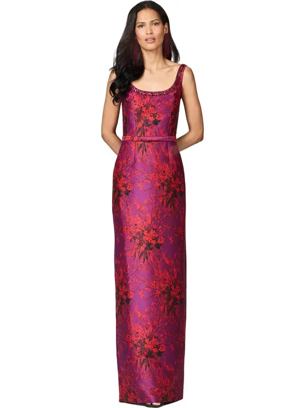 Sachin & Babi Printed Mikado Column Gown With Beaded Neckline - Raspberry Bouquet