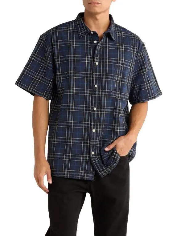 VANS Lawson Plaid Short Sleeve Cotton & Linen Button-up Shirt - Parisian Night/black