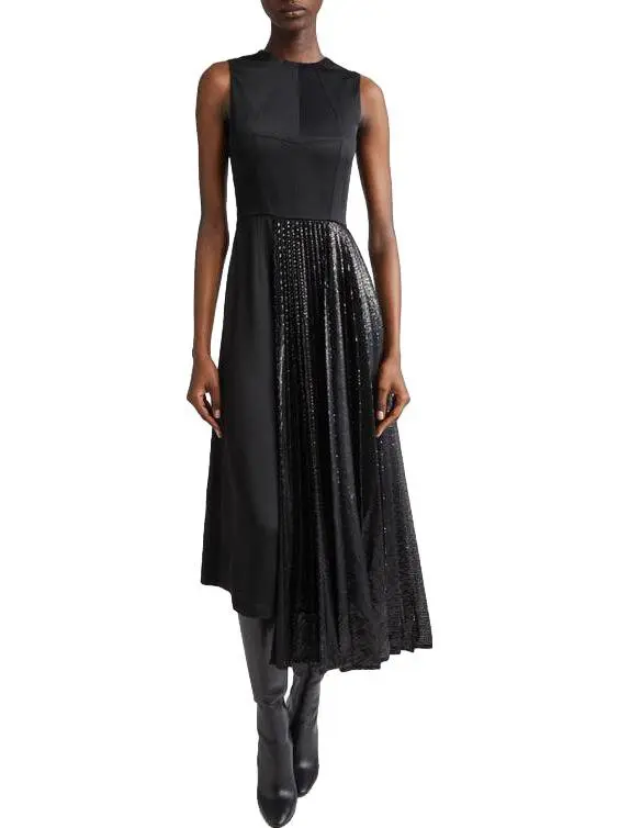 Michael Kors Pleated Sequin Overlay Sheath Dress - Black