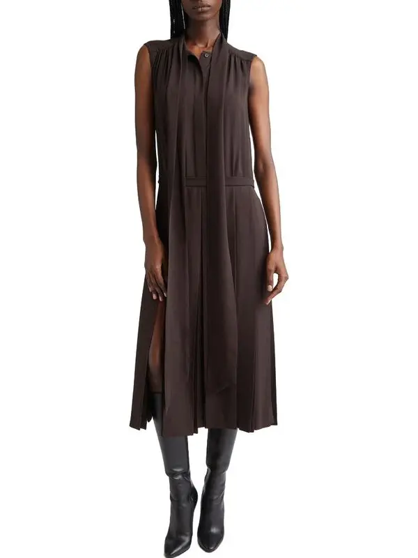Michael Kors Pleated Tie Neck Sleeveless Silk Shirtdress - Chocolate