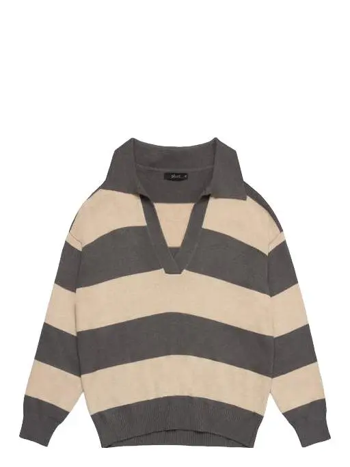 Deluc Striped Polo Sweater - Grey Melange With Ecru Melange