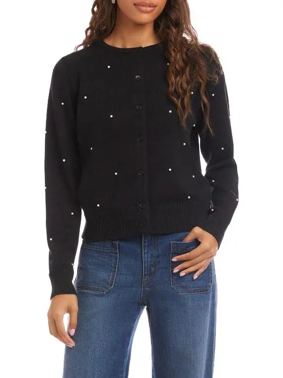 Karen Kane Faux Pearl Embellished Crewneck Cardigan - Black
