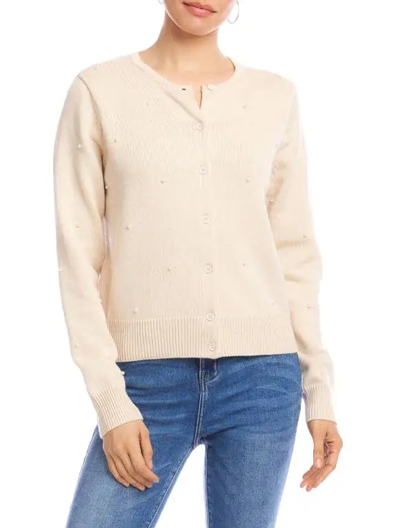 Karen Kane Faux Pearl Embellished Crewneck Cardigan - Cream