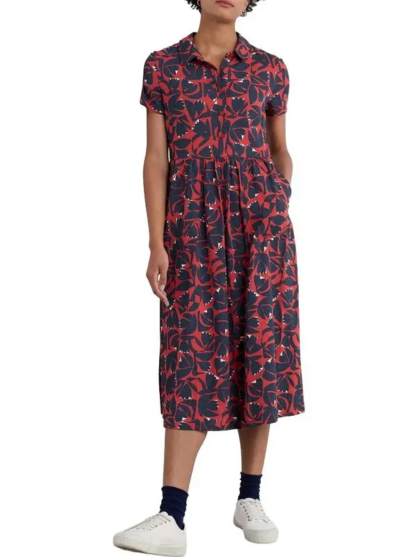 SEASALT CORNWALL Mainland Floral Organic Cotton Jersey Midi Shirt Dress - Floral Cutout Dark Cinnamon