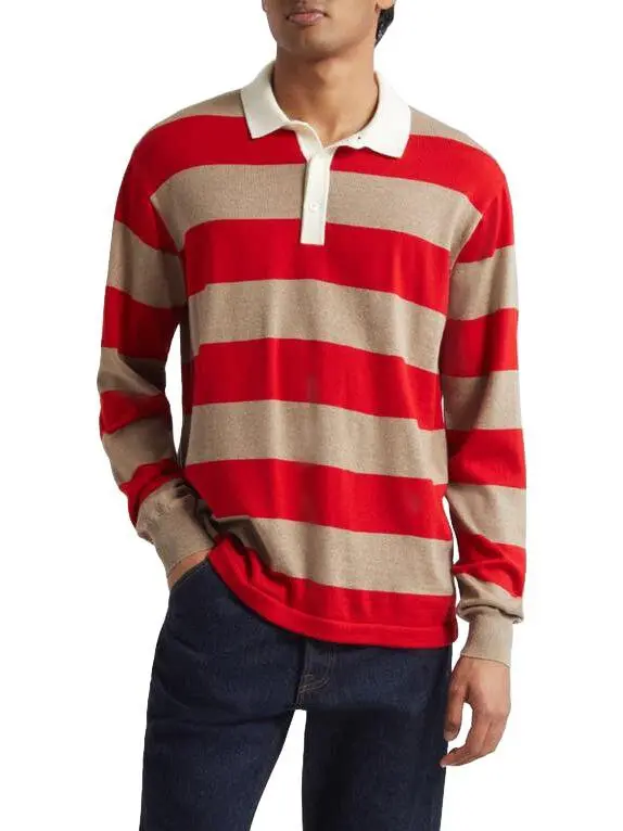 DRAKE'S Block Stripe Long Sleeve Rugby Polo Sweater - Red Camel