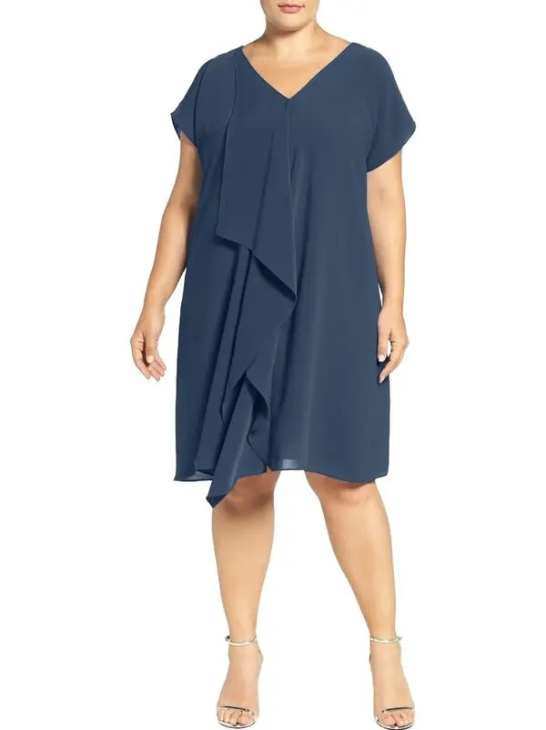 Adrianna Papell Asymmetrical Draped Shift Dress - Dusk Navy