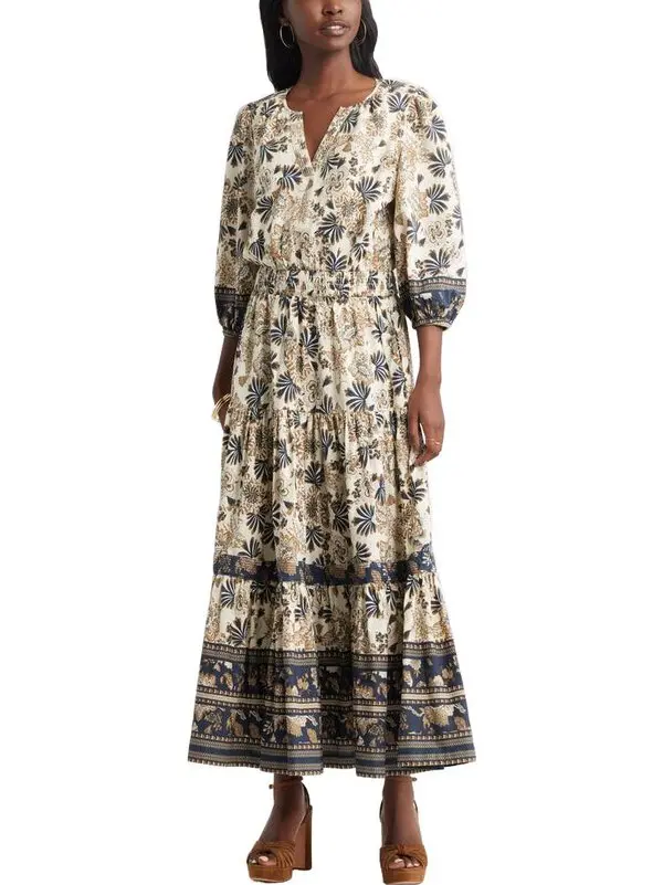 Treasure & Bond Printed Tiered Cotton Maxi Dress - Ivory- Navy Mix Border