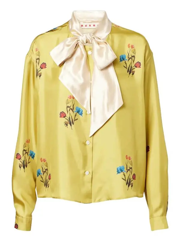 Marni Floral Tie-neck Silk Satin Blouse - Yellow