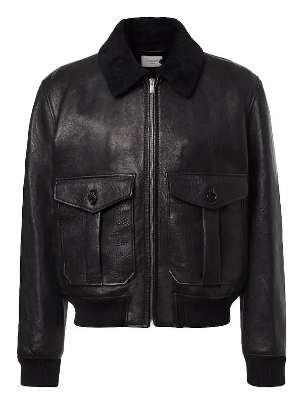 Saint Laurent Shearling-trimmed Leather Bomber Jacket - Black