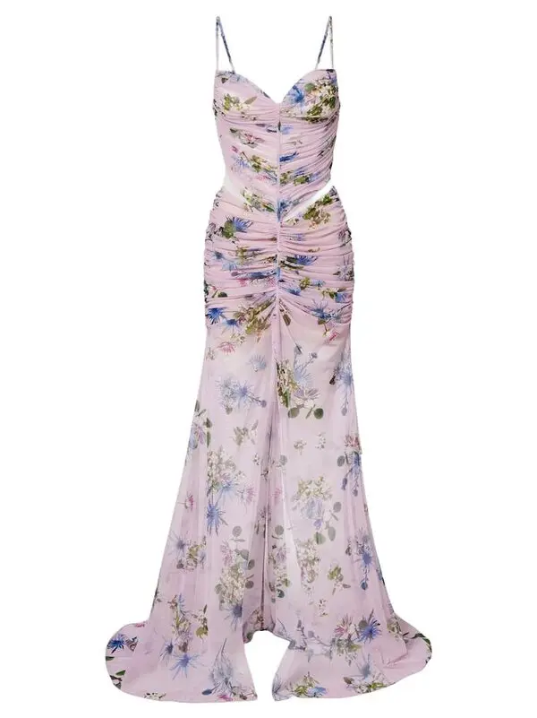 Blumarine Floral Ruched Sheer Gown - Pink