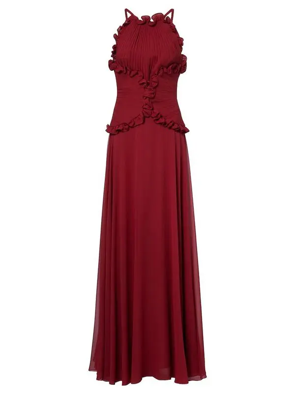 Elie Saab Ruffled Silk Georgette Gown - Red