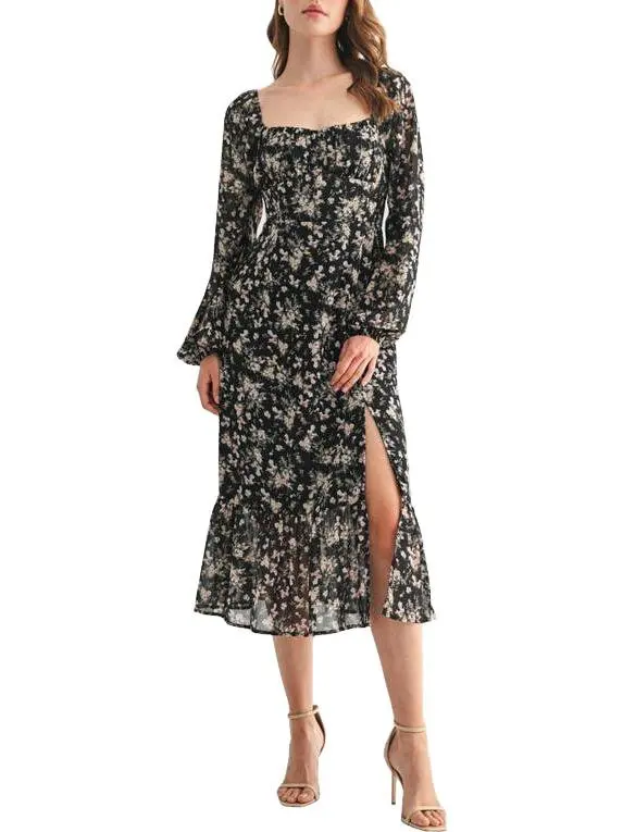 ALL IN FAVOR Floral Long Sleeve Ruffle Hem Midi Dress - Black Pink Floral