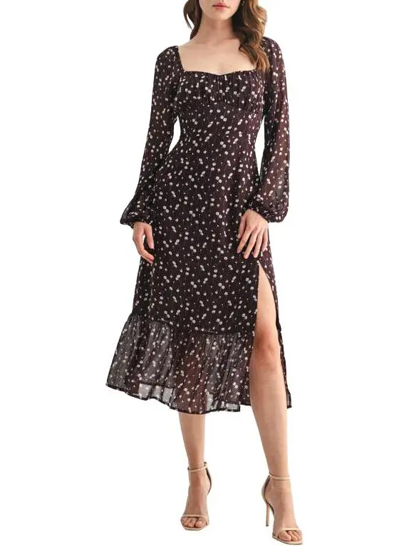 ALL IN FAVOR Floral Long Sleeve Ruffle Hem Midi Dress - Burgundy Cream Daisy