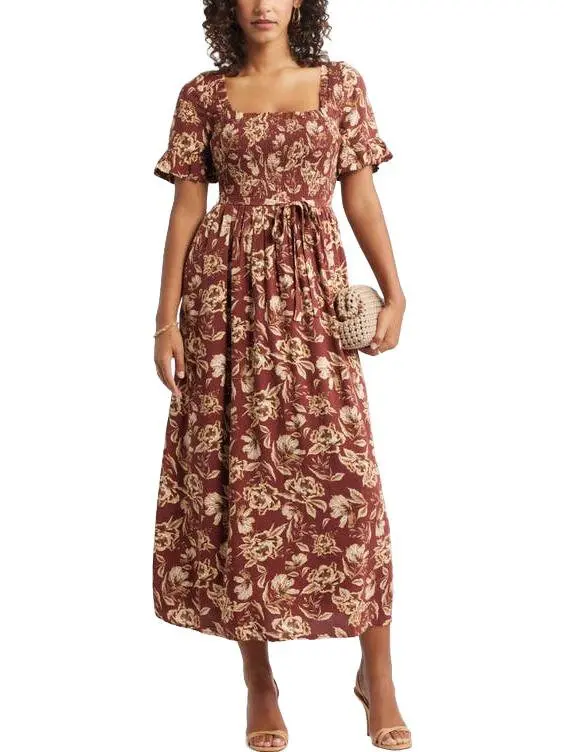 Chelsea28 Smocked Ruffle Bodice Maxi Dress - Brown Frannie Floral