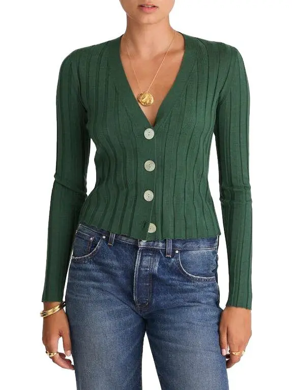 Madewell Ribbed V-neck Merino Wool & Silk Cardigan - Botanical Green