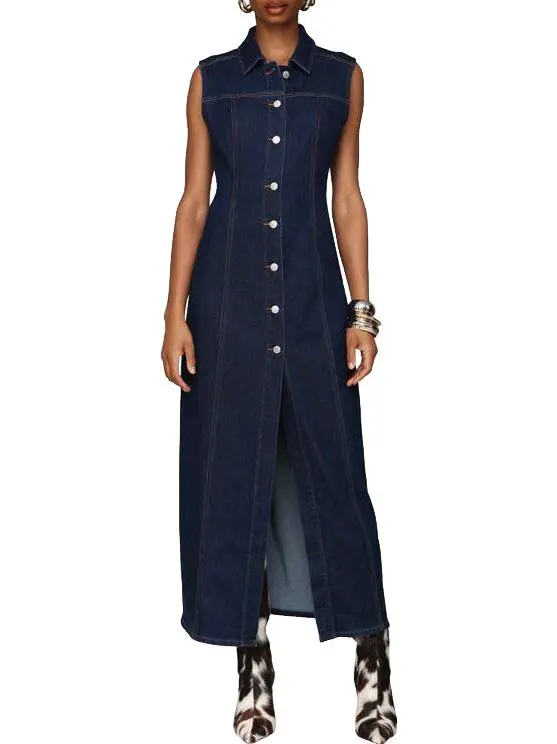 Avec Les Filles Sleeveless Denim Maxi Shirt Dress - Royal Wash