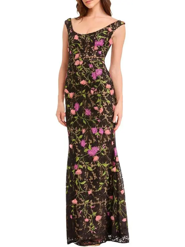 Dress The Population Josie Floral Appliqué Sleeveless Dress - Black Multi