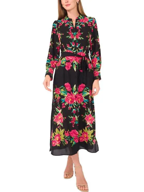 Vince Camuto Floral Print Tie Belt Midi Shirtdress - Wild Raspberry