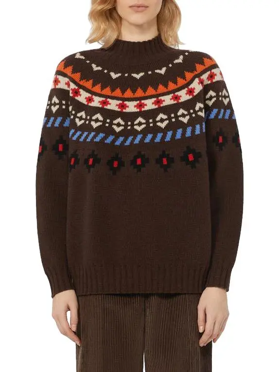Max Mara Fair Isle Jacquard Virgin Wool Mock Neck Sweater - Chocolate