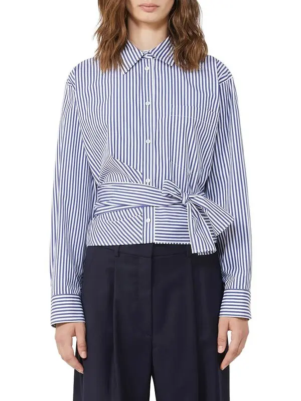 Max Mara Fresco Stripe Side Tie Cotton Button-up Shirt - Navy