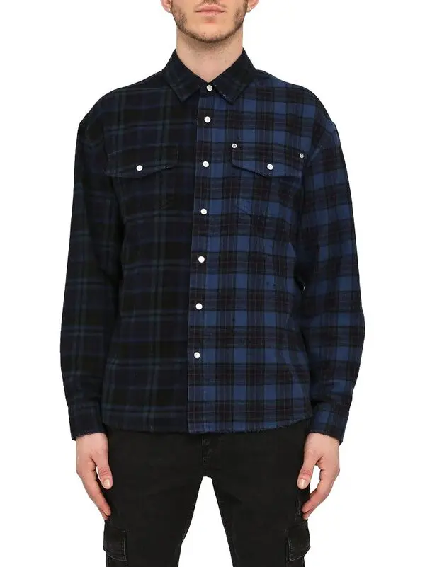 PURPLE BRAND Dual Logo Plaid Long Sleeve Button-up Shirt - Blue