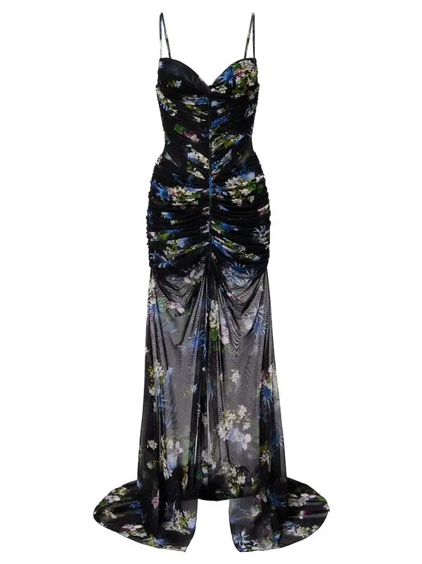 Blumarine Floral Ruched Sheer Gown - Black
