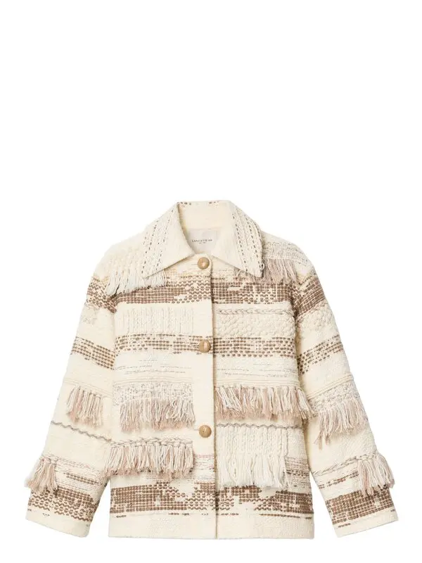 Lafayette 148 New York Interlace Jacquard Fringe Button Coat - Cloud Multi