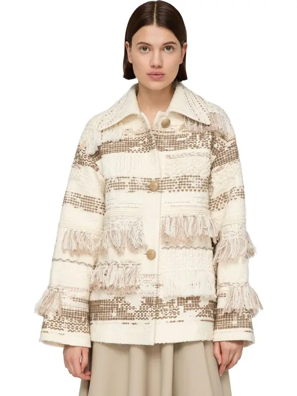Lafayette 148 New York Interlace Jacquard Fringe Button Coat - Cloud Multi