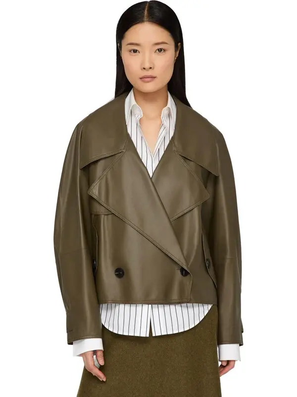 Lafayette 148 New York Cropped Lambskin Leather Trench Jacket - Garland Green