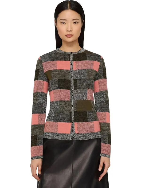 Lafayette 148 New York Finespun Voile Cashmere Check Jacquard Cardigan - Altrosa Pink Multi