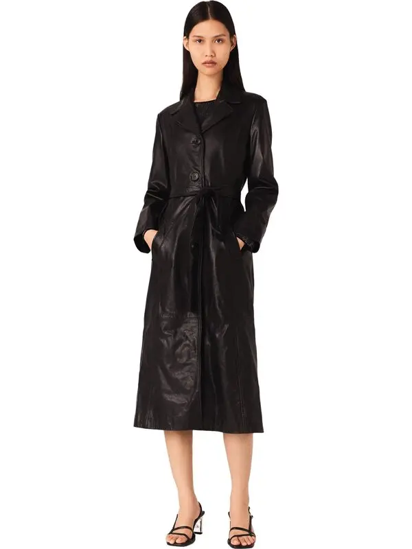 Maje Long Leather Trench Coat - Black