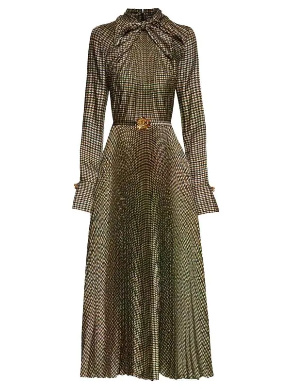 Oscar De La Renta Houndstooth Pleated Midi Dress - Brown