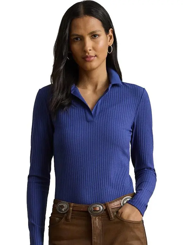 Ralph Lauren Rib-knit Long-sleeve Polo Top - Charter Blue