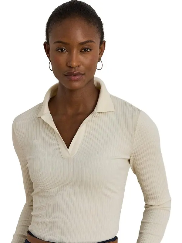 Ralph Lauren Rib-knit Long-sleeve Polo Top - Mascarpone Cream