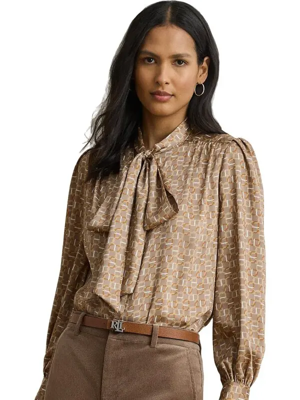 Ralph Lauren Geo-print Tie-neck Blouse - Taupe Multi