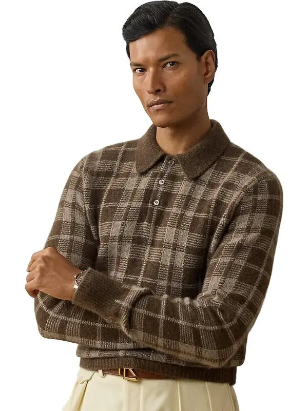 Ralph Lauren Plaid Cashmere Polo-collar Sweater - Taupe Multi