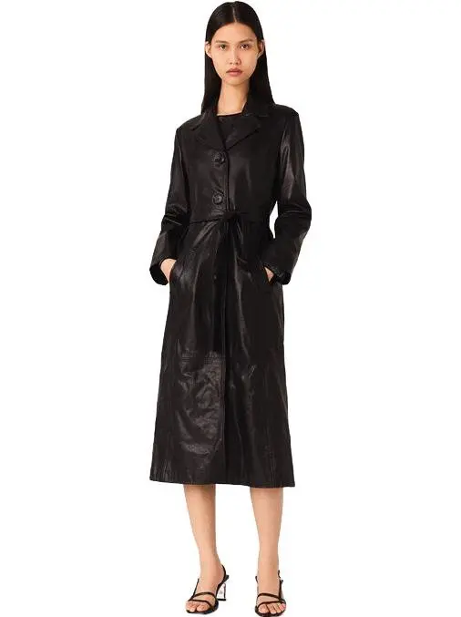 Maje Long Leather Trench Coat - Black